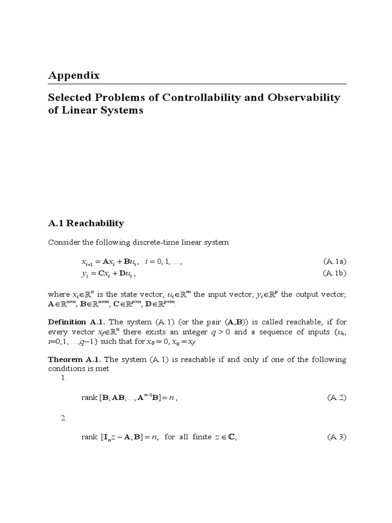 Appendix Selected Problems Of Controllability And Observability Of Linear Systems Pdf System
