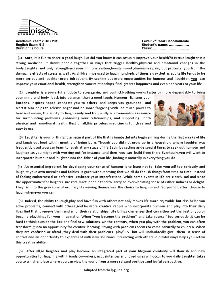 Academic Year: 2018 / 2019 Level: 2 Year Baccalaureate English Exam N°2 ...