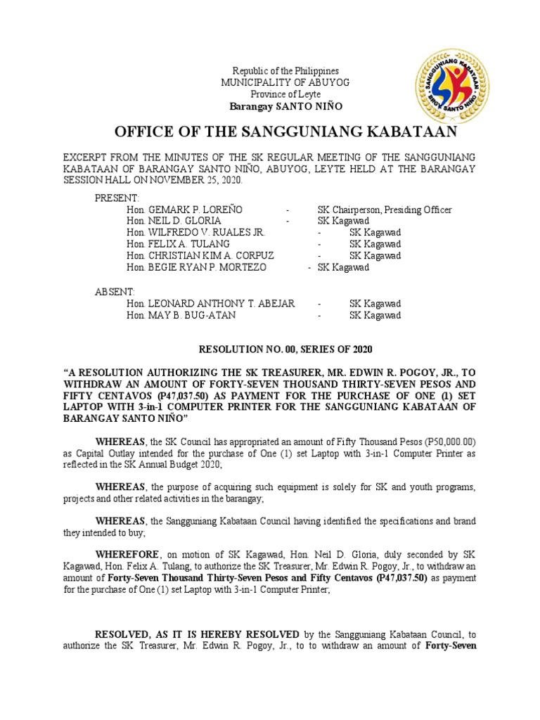 SK Resolution to Withdraw Funds for Laptop | PDF | Philippines | Government