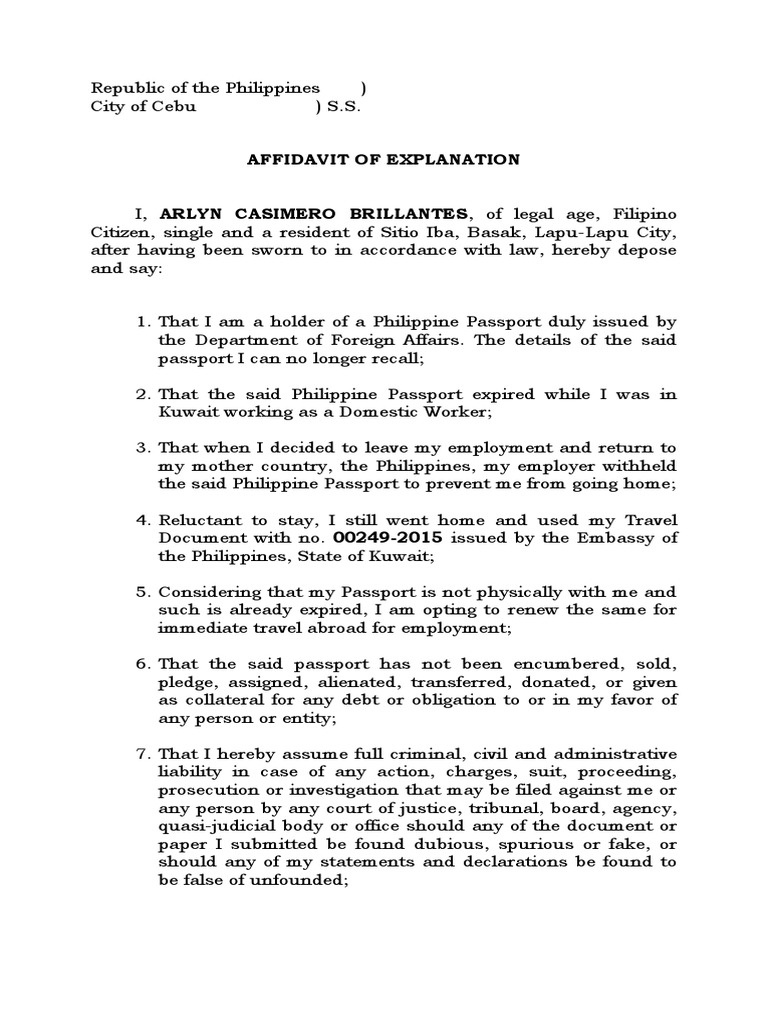 Affidavit of Explanation (DFA) | Download Free PDF | Affidavit | Passport