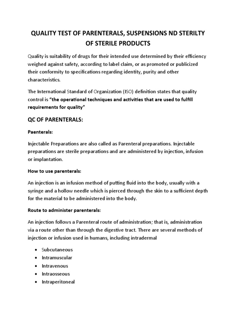 Quality Test of Parenterals | PDF | Injection (Medicine) | Chemistry