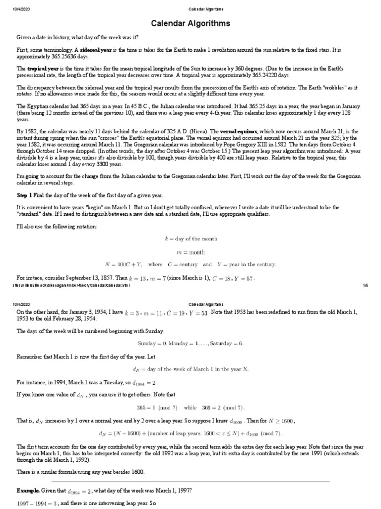 Calendar Algorithms | PDF | Calendar | Teaching Mathematics