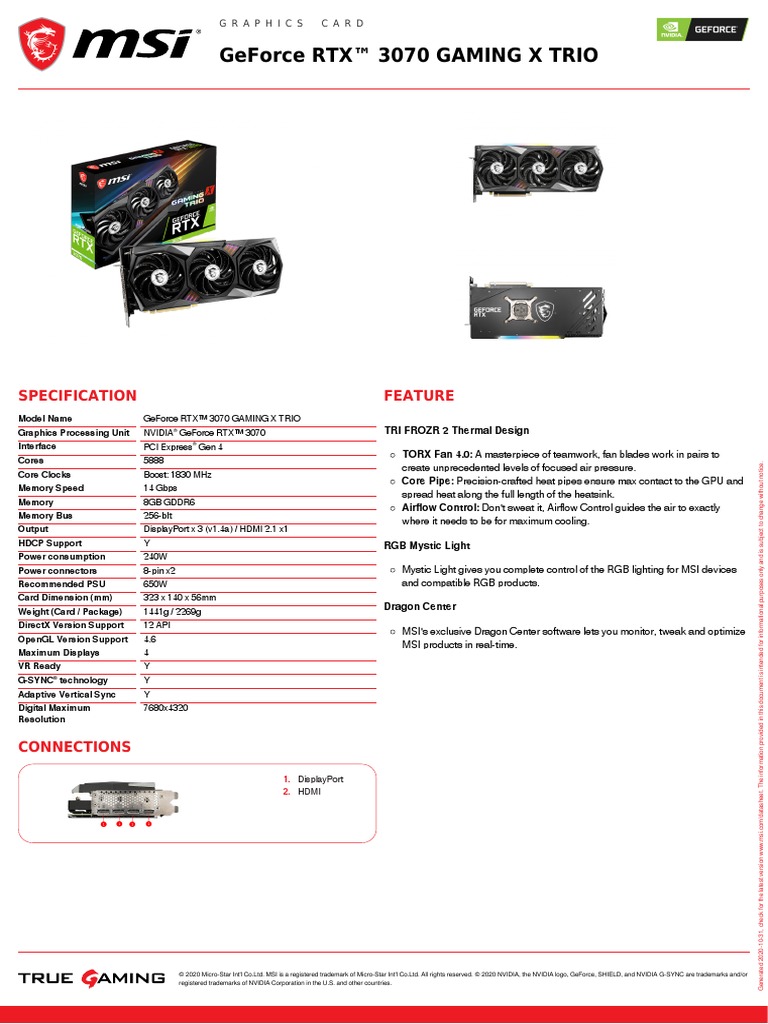 Msi Geforce RTX™ 3070 Gaming X Trio Datasheet | PDF | Graphics Processing Unit | Hdmi