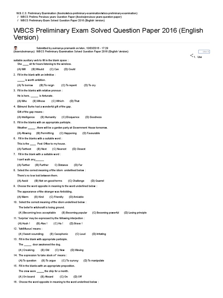 WBCS Preliminary Exam Solved Question Paper 2016 (English Version ...