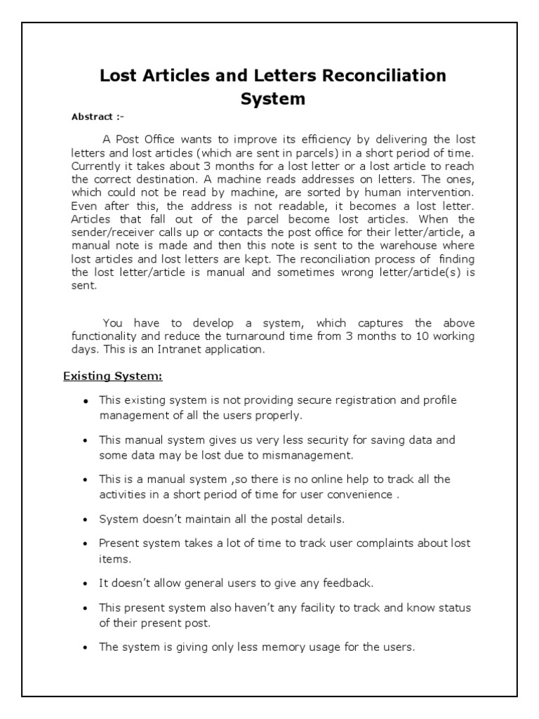 Lost Articles and Letters Reconciliation System | PDF | United States ...