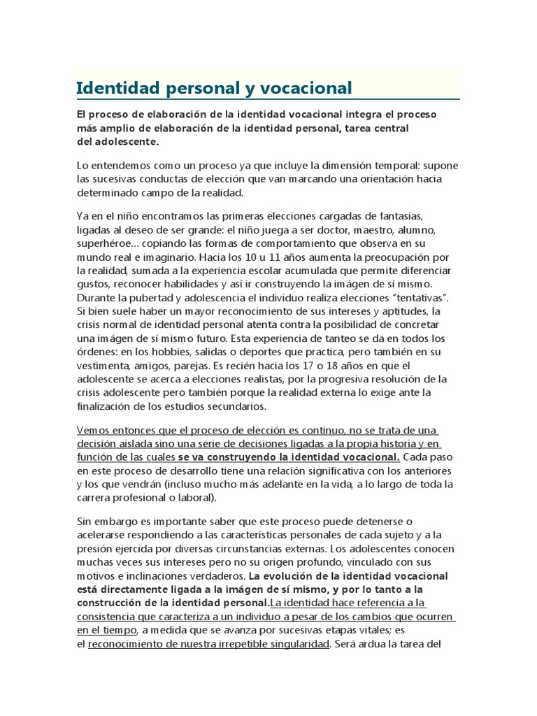 Identidad Personal y Vocacional | PDF | Adolescencia | Comportamiento