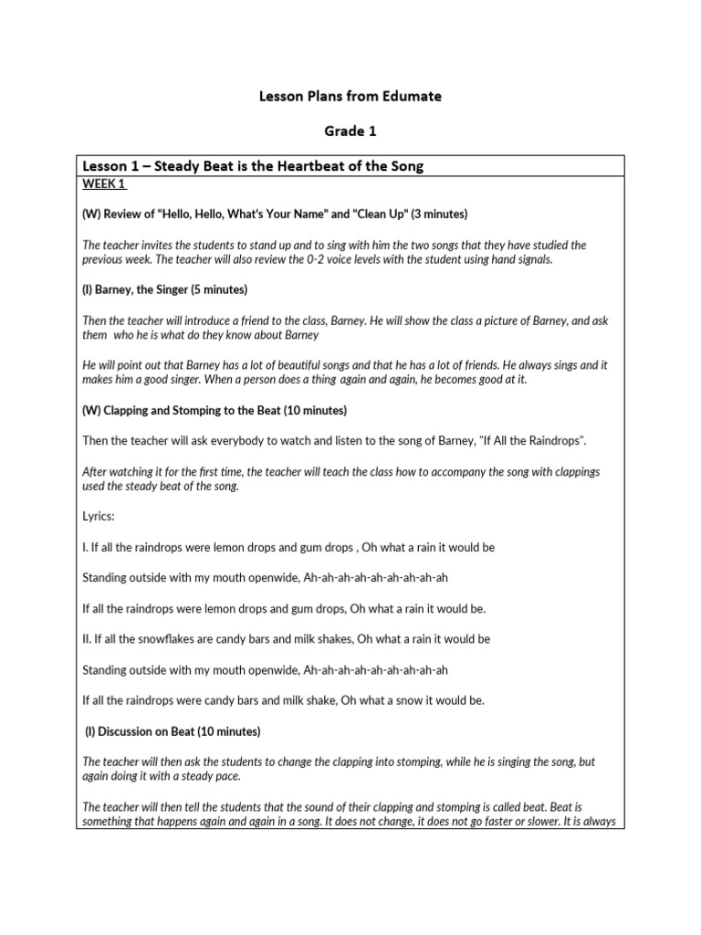 Grade 1 Music Lesson Plans: Steady Beat | PDF | Entertainment (General)
