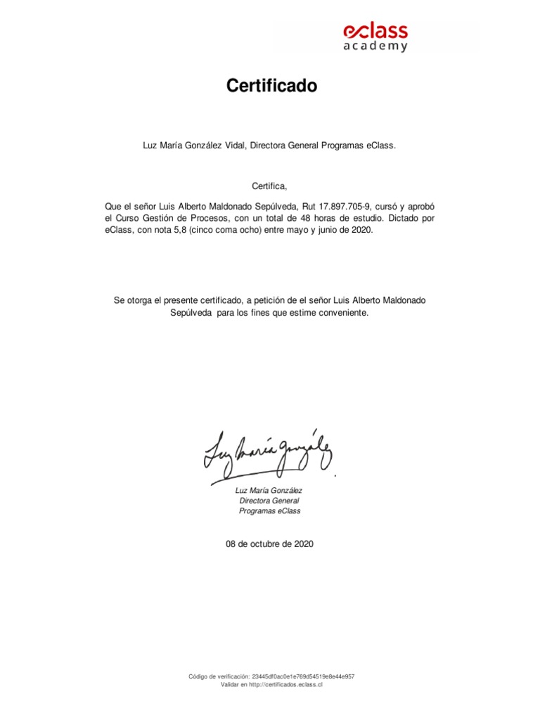 Certificado: Luz María González Directora General Programas Eclass | PDF | Negocios