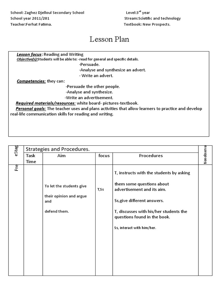 Lesson Plan: Strategies and Procedures | PDF | Lesson Plan | Pedagogy