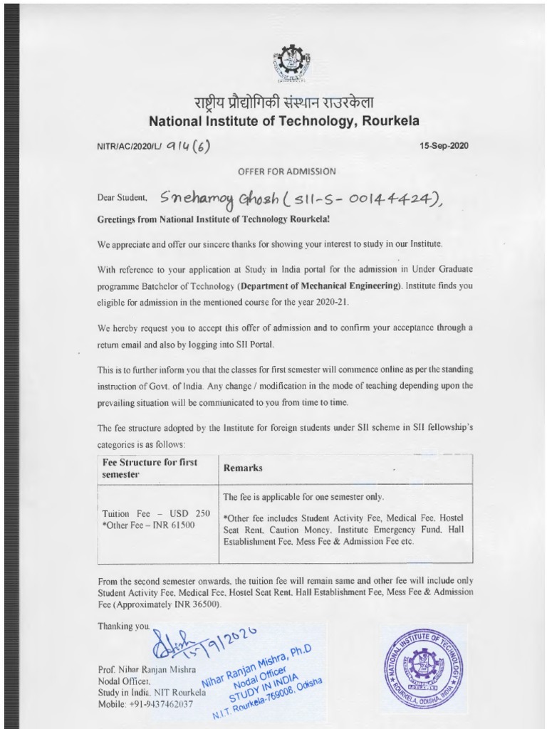 NIT Admission Offer Letter | PDF