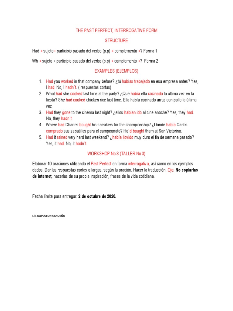 The Past Perfect .Interrogative Form. 9 Grade | PDF