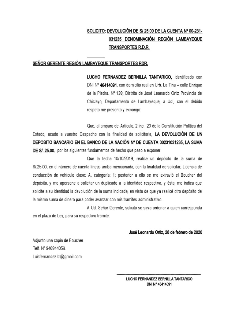 Solicito-Devolucion-de-25 Soles | PDF