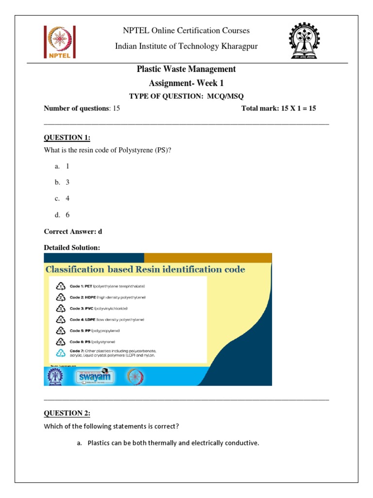 Plastic Waste Management Assignment-Week 1: NPTEL Online Certification Courses Indian Institute ...