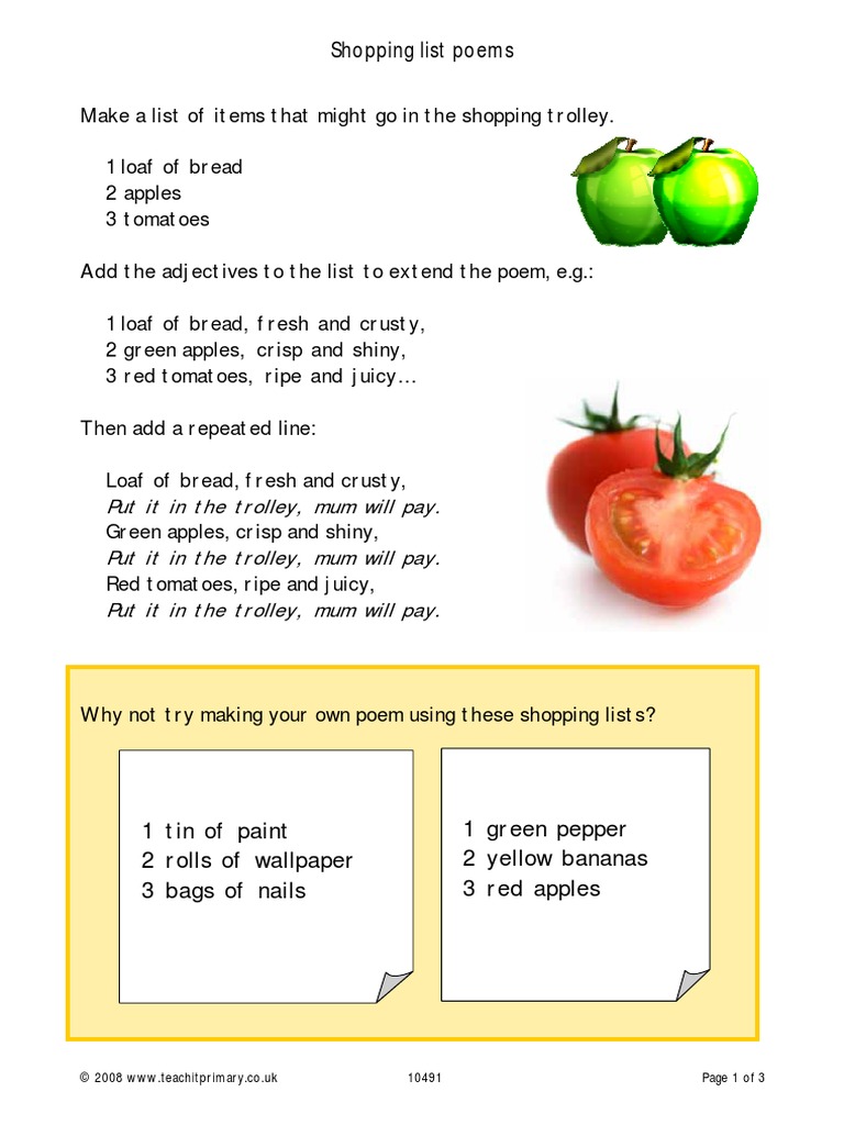 Shopping List Poem | PDF | Foods | Vegan Cuisine