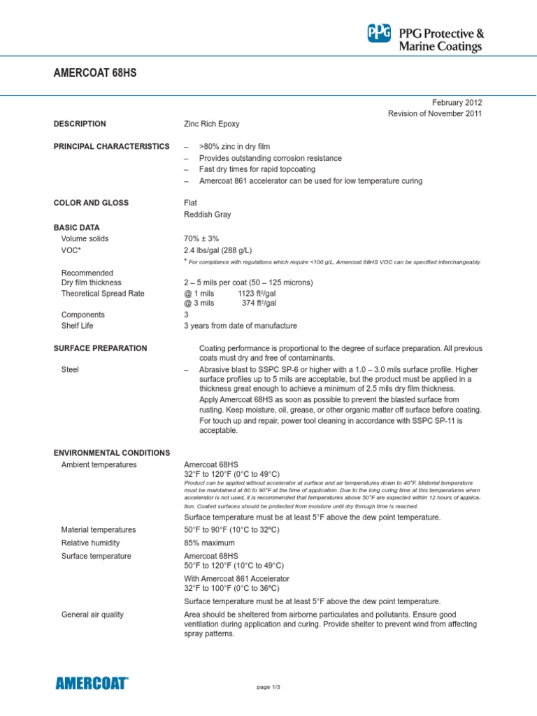 Product Data Sheet for Amercoat 68HS Zinc Rich Epoxy Coating | PDF ...