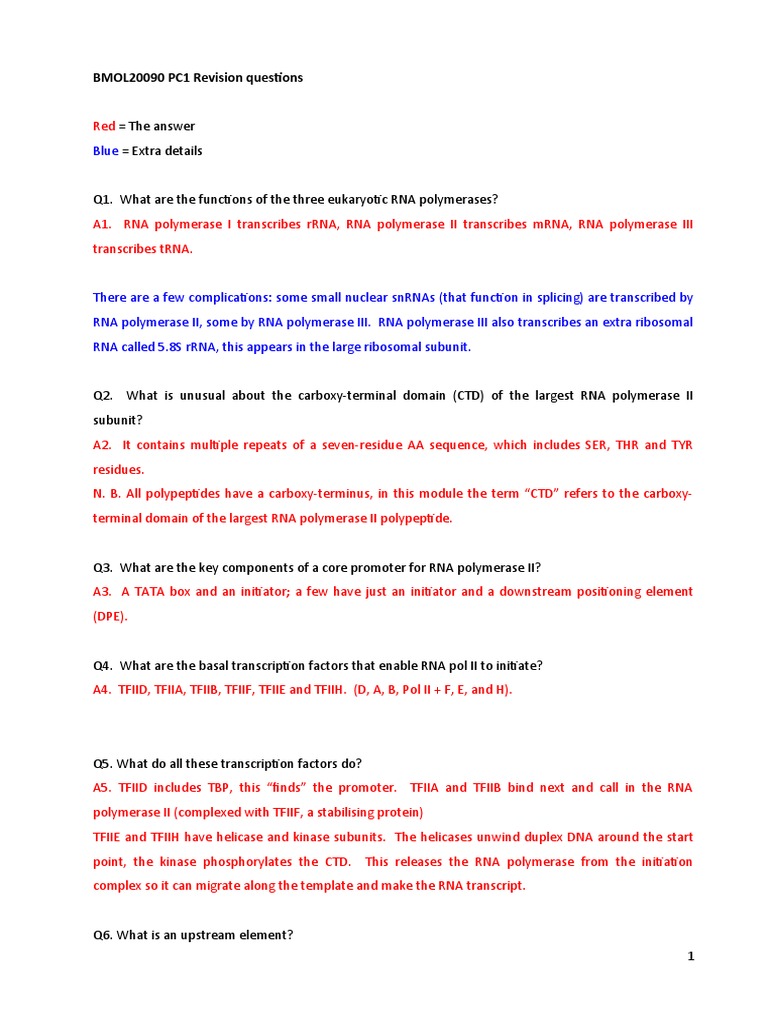 BMOL20090 PC1 Revision Questions With Answers V2 | PDF | Rna | Rna Splicing