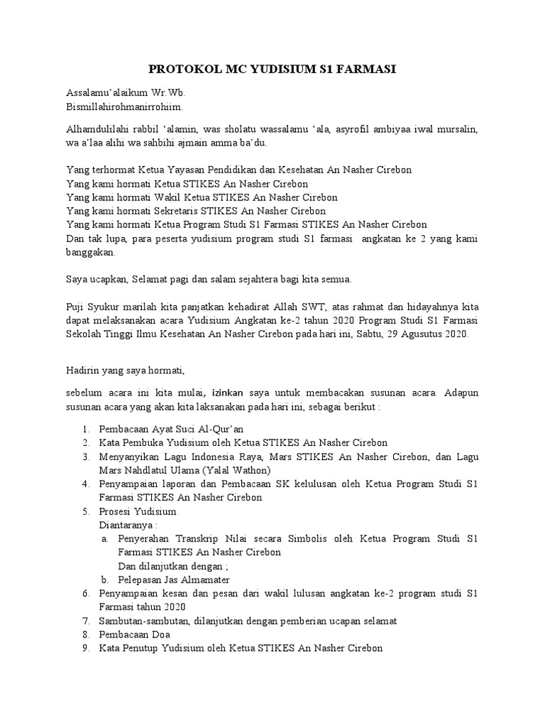 Revisi PROTOKOL MC YUDISIUM S1 FARMASI | PDF
