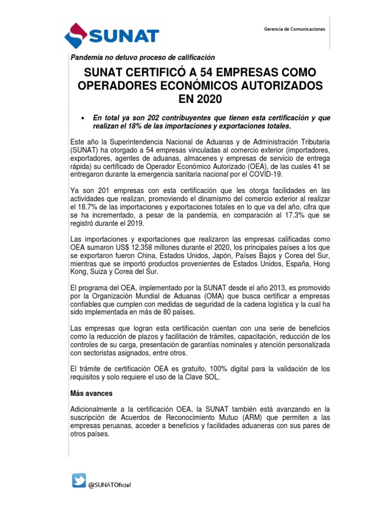 Sunat Certificó A 54 Empresas Como Operadores Económicos Autorizados en ...