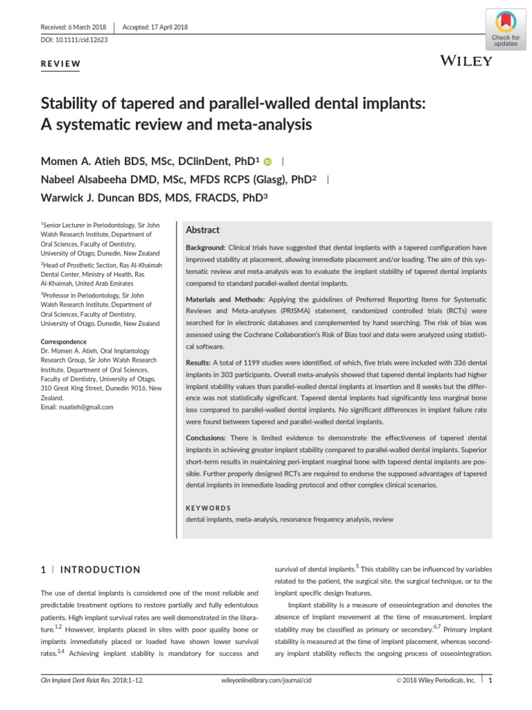 Stability of Tapered and Parallel-Walled Dental Implants: A Systematic ...