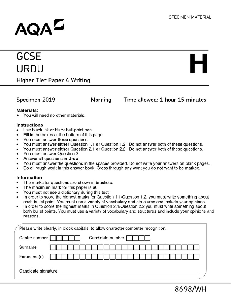 Gcse Urdu: Higher Tier Paper 4 Writing | PDF | Writing