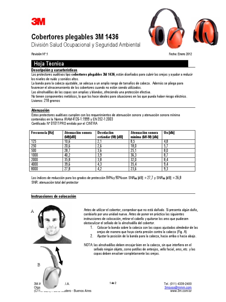 Hoja Tecnica Protector Auditivo 3M 1436 | PDF | Seguridad y salud ...