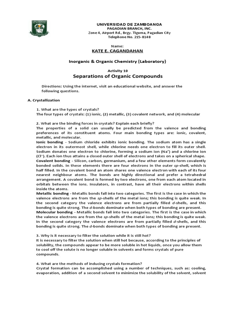 Inorg Org Chem Lab Activity 10 Separations of Organic Compounds | Download Free PDF | Chemical ...