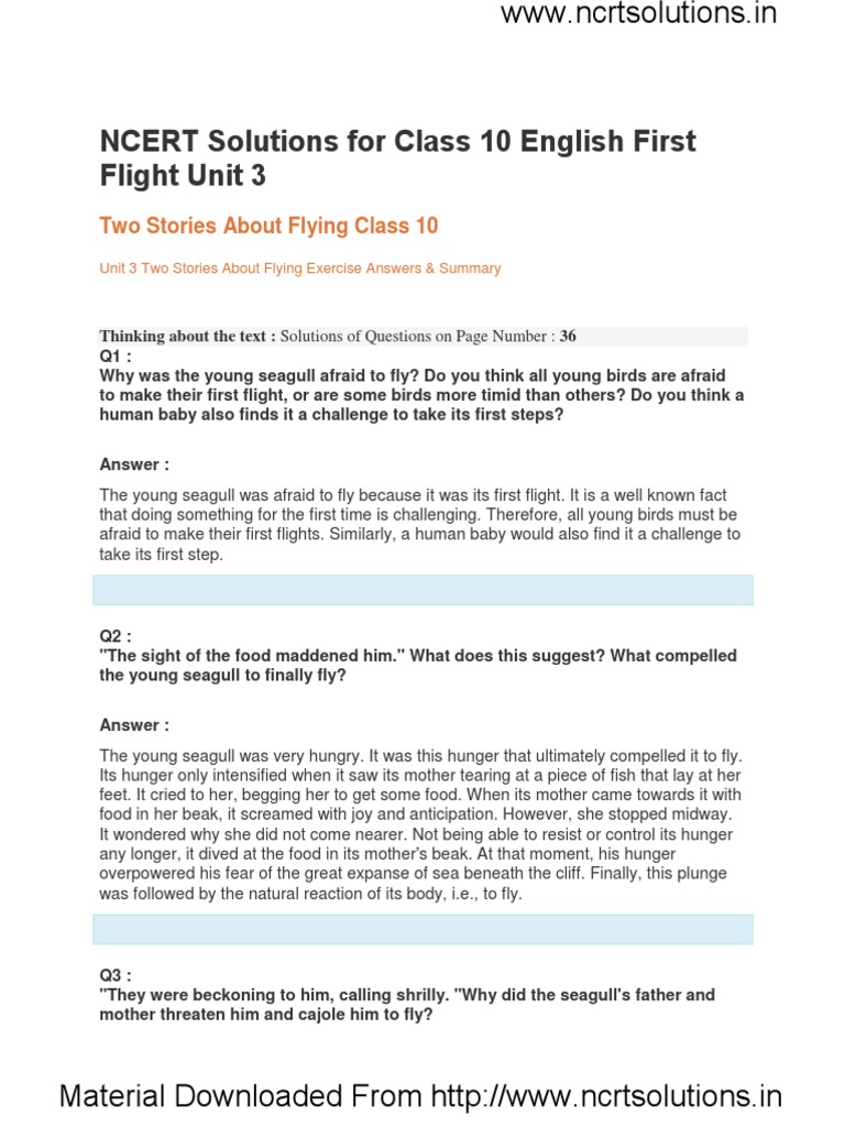 NCERT Solutions For Class 10 English First Flight Unit 3 PDF | PDF