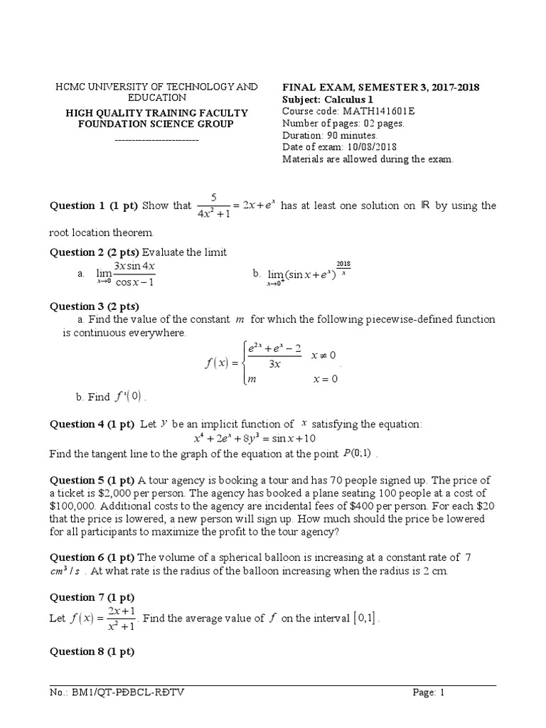 Calculus Final Test 2017 - 2018 Summer Semester | PDF | Derivative ...