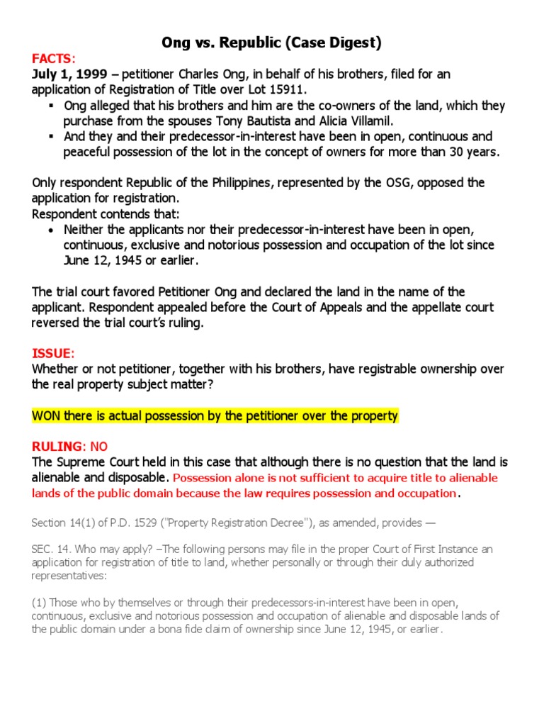 Ong vs. Republic (Case Digest) : July 1, 1999 - Petitioner Charles Ong ...