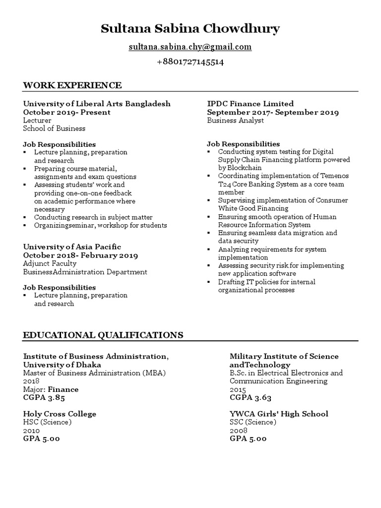 Sultana Sabina Chowdhury: Academic CV | PDF | Master Of Business ...