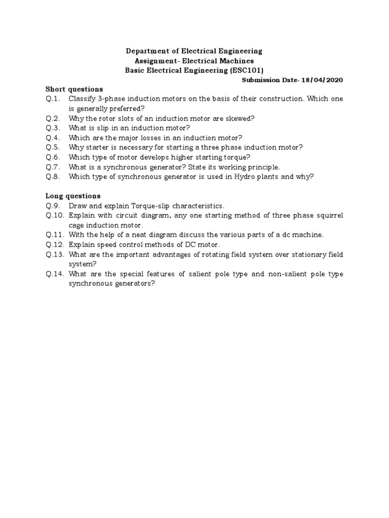 Department of Electrical Engineering Assignment-Electrical Machines ...