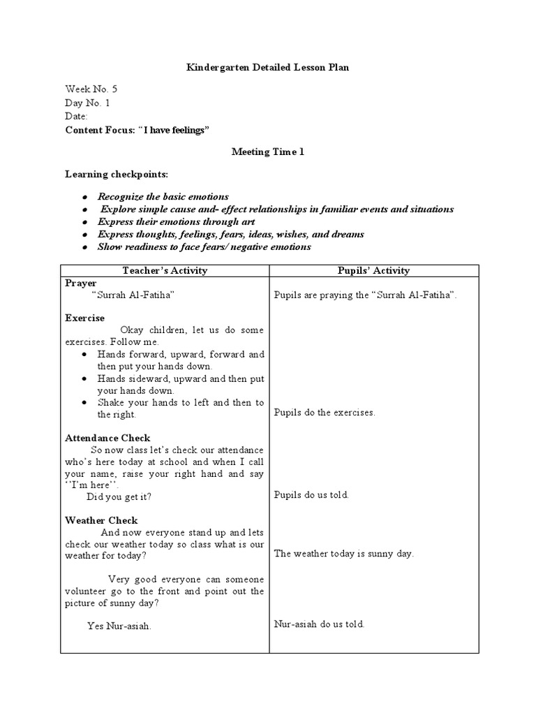 Kindergarten Detailed Lesson Plan: I Have Feelings | PDF | Dream | Emotions