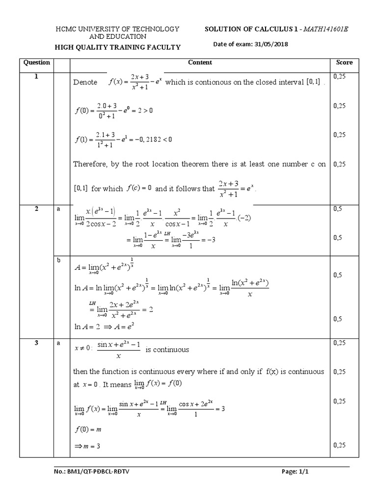Calculus 1 Solutions - Exam 2018 | PDF | Area | Space