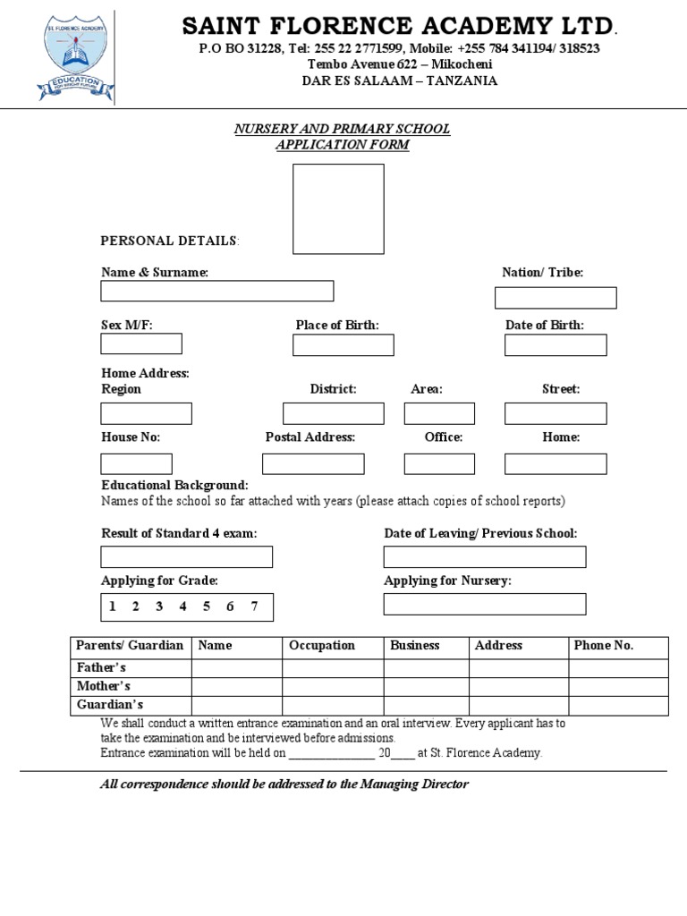 Nursery and Primary School Application Form: Nation/ Tribe | PDF ...