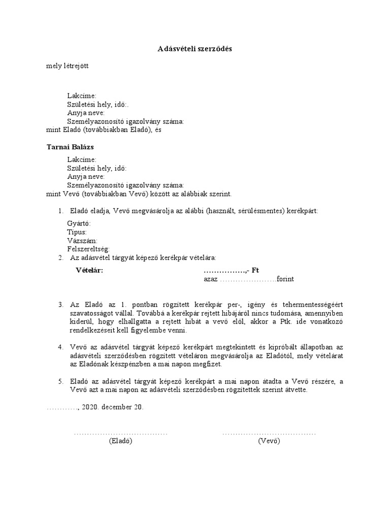 Adásvételi Szerződés - Kerékpár | PDF