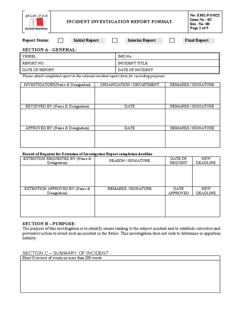 EML-FO-022 - Investigation Report Format | PDF | Water Transport | Shipping