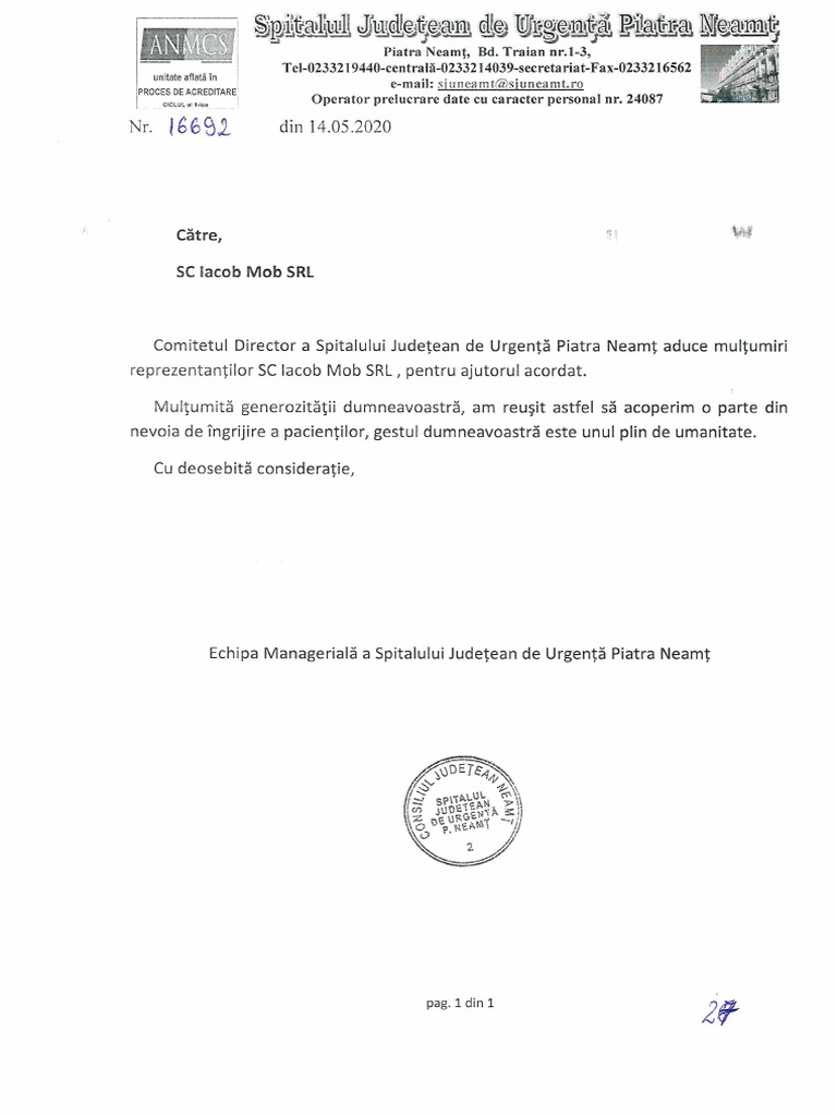 Scrisoare de Multumire SC Iacob Mob SRL | PDF