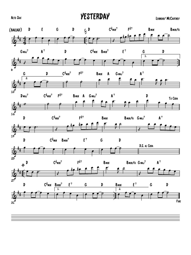 Yesterday - Alto Sax | PDF | Canciones escritas | Paul Mc Cartney