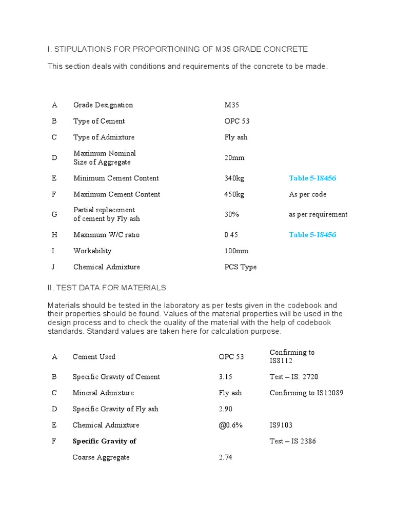 I. Stipulations For Proportioning of M35 Grade Concrete: Table 5-IS456 ...