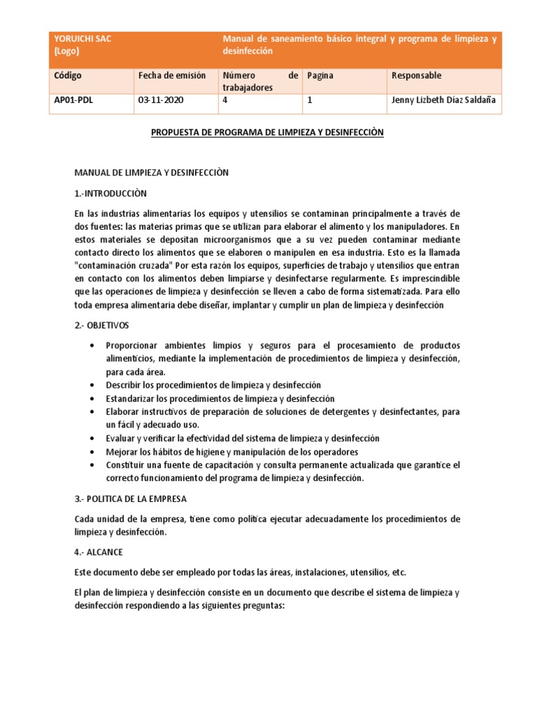 Modelo Basico de Programa de Limpieza y Desinfecciòn | PDF | Alimentos ...