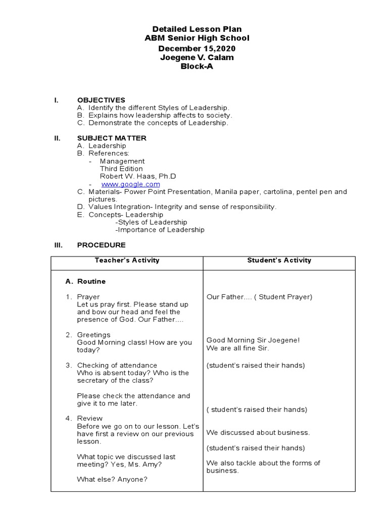 Detailed Lesson Plan ABM Senior High School December 15,2020 Joegene V. Calam Block-A | PDF ...