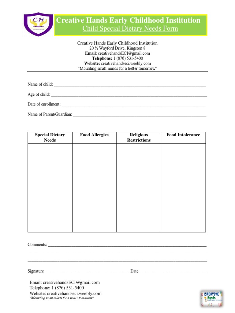 Child Special Dietary Needs Form Creative Hands Early Childhood ...