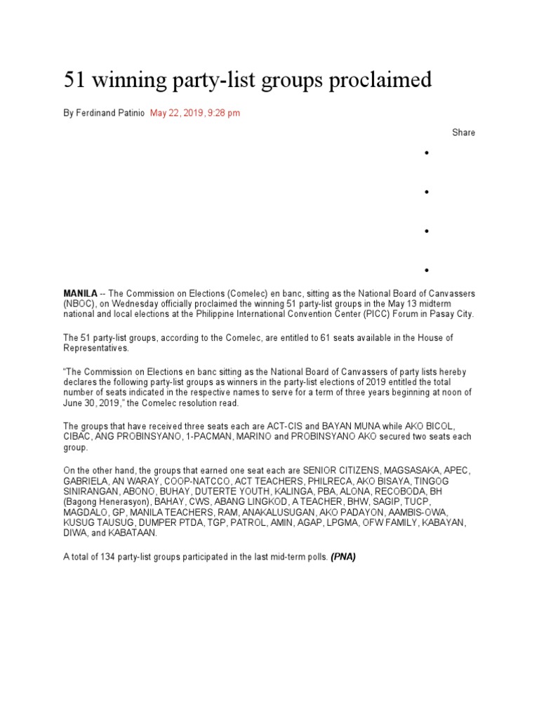 51 Winning Party-List Groups Proclaimed: May 22, 2019, 9:28 PM | PDF