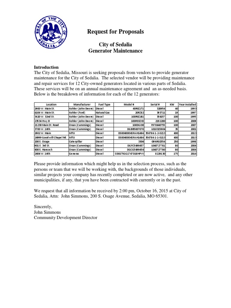 Request For Proposals: City of Sedalia Generator Maintenance | PDF ...