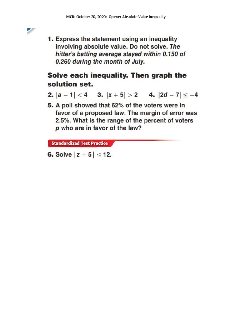 MCR: October 20, 2020: Opener Absolute Value Inequality | PDF