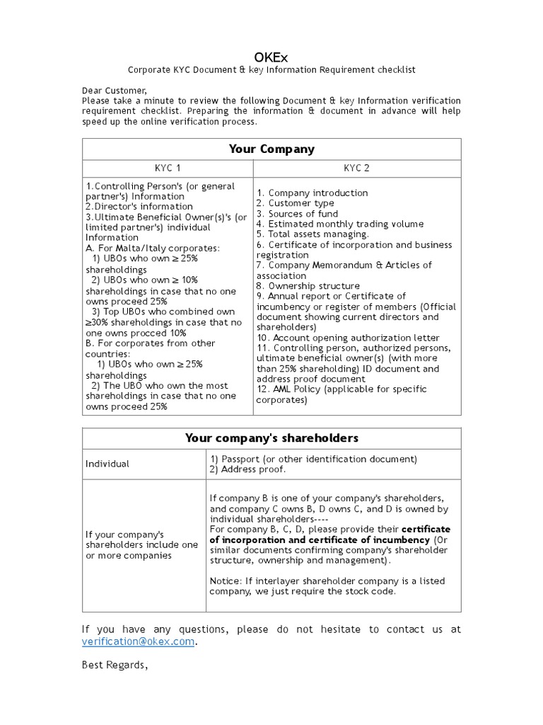 OKEx Corporate KYC Checklist en PDF | PDF | Shareholders | Companies