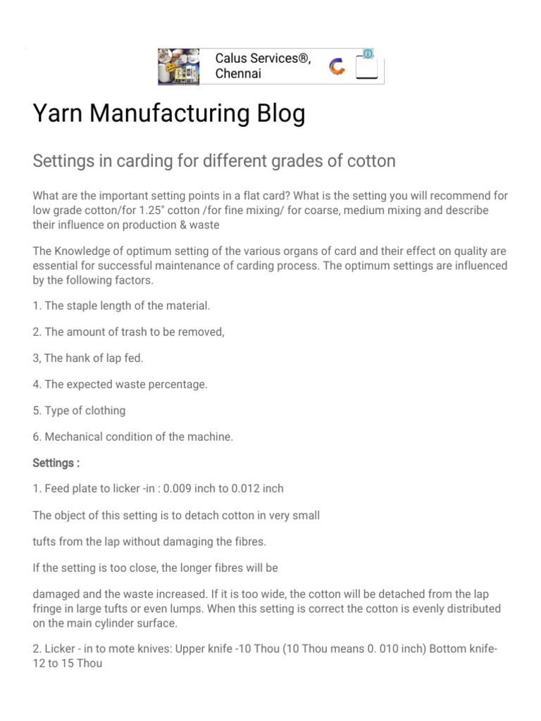 Settings in Carding For Different Grades of Cotton | PDF | Cotton ...