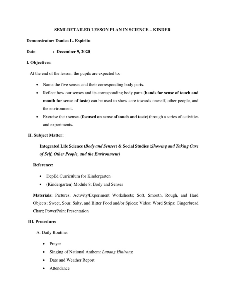 Danica Espiritu - Semi Detailed Lesson Plan - Ece - 113 | PDF | Taste ...