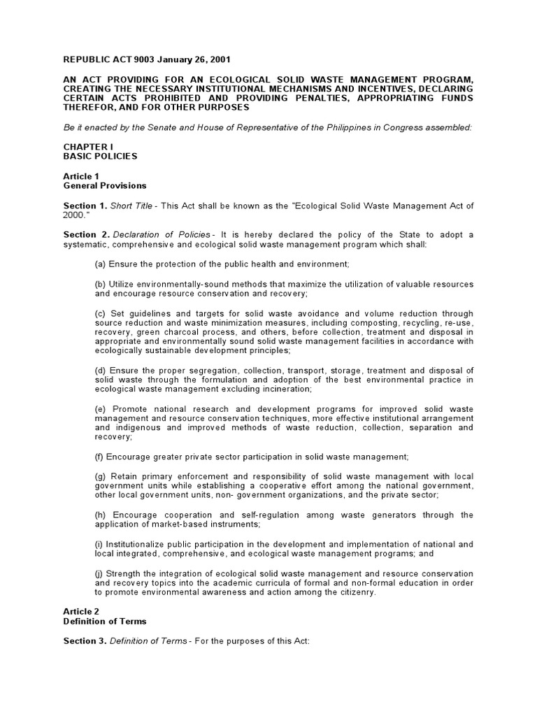 ECOLOGICAL SOLID WASTE MANAGEMENT ACT OF 2000 (RA No. 9003) | PDF ...