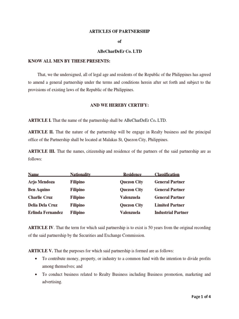 Articles of Partnership | PDF | Partnership | Limited Partnership